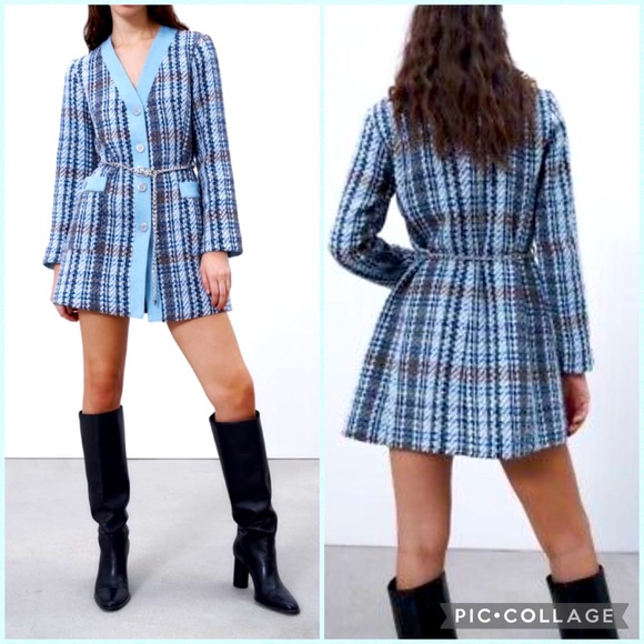 Zara | Jackets & Coats | New Zara Woman Blue Tweed Combination ...